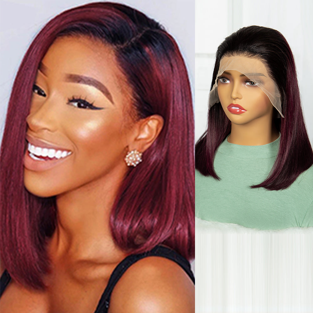 Anytime Ombre 99j Bob Straight Human Hair Wig Double Drawn Hair 200% D ...